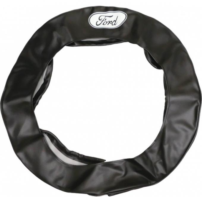 Model A Ford Spare Tire Cover - Black Vinyl - White Ford Script - 21
