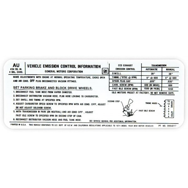 Full Size Chevy Emission Decal, 1971