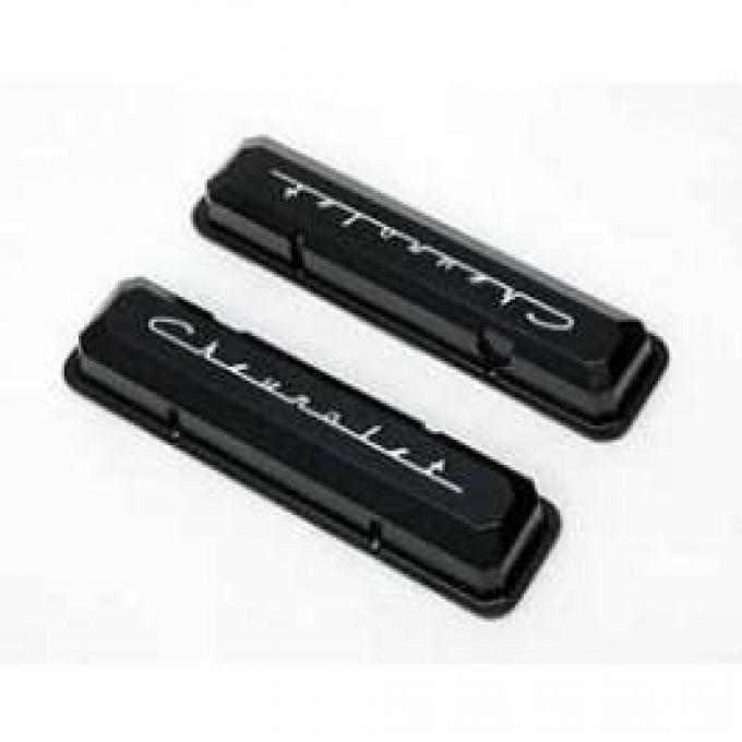 Chevy Aluminum Valve Covers, Black Powder Coated, With Chevrolet Script ...